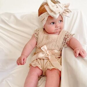 Douhoow Infant Baby Girl Plaid Romper Baby Short Sleeve Pleated Romper Bodysuit Summer Spring Outfits (Beige, 12-18 Months)