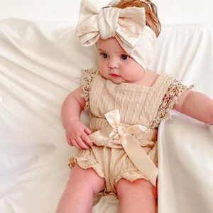 Douhoow Infant Baby Girl Plaid Romper Baby Short Sleeve Pleated Romper Bodysuit Summer Spring Outfits (Beige, 12-18 Months)