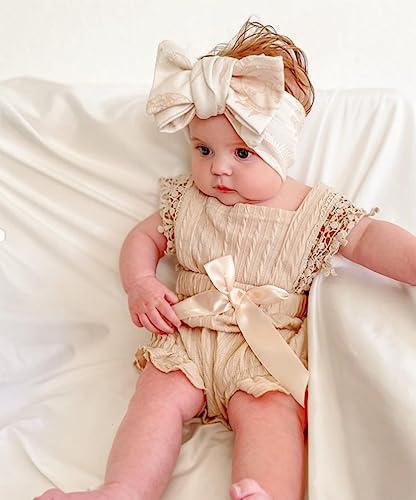 Douhoow Infant Baby Girl Plaid Romper Baby Short Sleeve Pleated Romper Bodysuit Summer Spring Outfits (Beige, 12-18 Months)