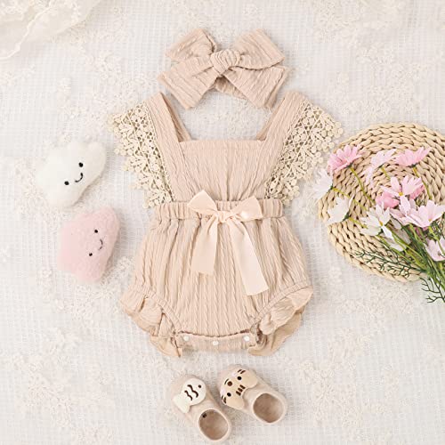 Douhoow Infant Baby Girl Plaid Romper Baby Short Sleeve Pleated Romper Bodysuit Summer Spring Outfits (Beige, 12-18 Months)