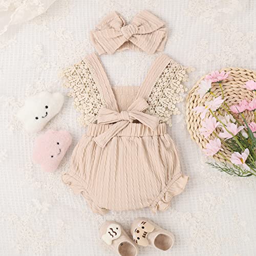 Douhoow Infant Baby Girl Plaid Romper Baby Short Sleeve Pleated Romper Bodysuit Summer Spring Outfits (Beige, 12-18 Months)