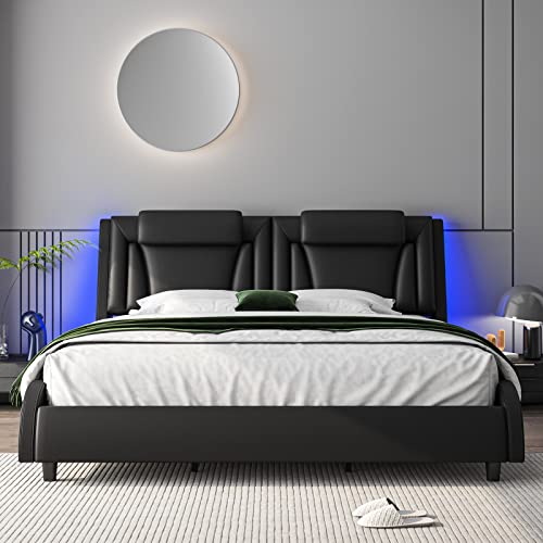 Modern Upholstered Bed Frame with Adjustable LED Headboard, Pu Leather Platform Bed with Wave-Like Curve Design and Solid Wooden Slats Support, No Box Spring Needed, Noise Free, King, Black