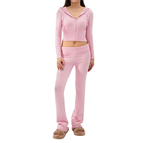 Women Knit Two Piece Set Y2k Long Sleeve Zip Up Crop Hoodie and Low Rise Flare Leggings Jogger Pants Set Loungewear (Pink, S)