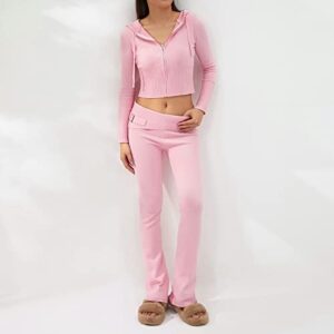 Women Knit Two Piece Set Y2k Long Sleeve Zip Up Crop Hoodie and Low Rise Flare Leggings Jogger Pants Set Loungewear (Pink, S)