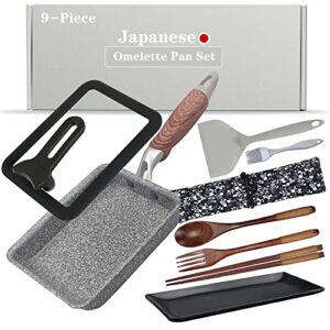 dxbviex 9 pcs tamagoyaki pan set, japanese omelette pan nonstick with lid, square japanese egg pan, rectangle tamago pan 7.6" x 5.7" grey