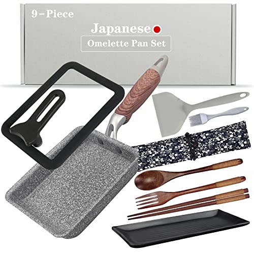 DXBVIEX 9 PCS Tamagoyaki Pan Set, Japanese Omelette Pan Nonstick with Lid, Square Japanese Egg Pan, Rectangle Tamago Pan 7.6" x 5.7" Grey