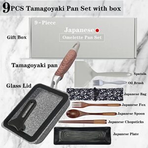 DXBVIEX 9 PCS Tamagoyaki Pan Set, Japanese Omelette Pan Nonstick with Lid, Square Japanese Egg Pan, Rectangle Tamago Pan 7.6" x 5.7" Grey