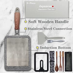 DXBVIEX 9 PCS Tamagoyaki Pan Set, Japanese Omelette Pan Nonstick with Lid, Square Japanese Egg Pan, Rectangle Tamago Pan 7.6" x 5.7" Grey