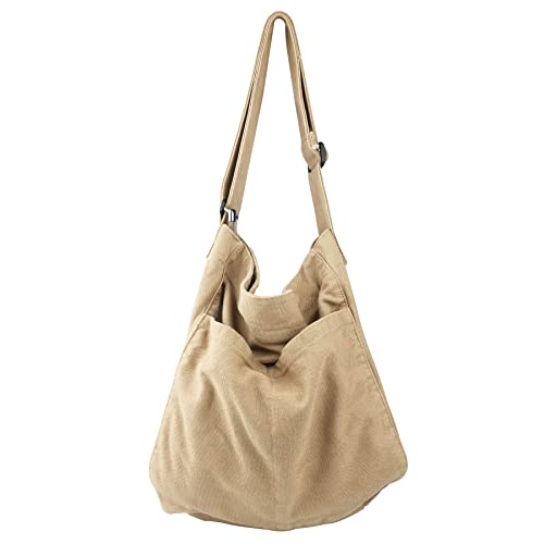 Canvas Hobo Crossbody Shoulder Tote Bag for Women and Men W/Multi-pocket Casual Purse Messenger Bags Travel Work (Khaki/607)