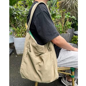 Canvas Hobo Crossbody Shoulder Tote Bag for Women and Men W/Multi-pocket Casual Purse Messenger Bags Travel Work (Khaki/607)