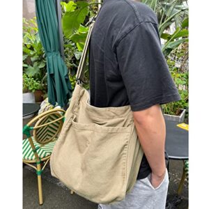 Canvas Hobo Crossbody Shoulder Tote Bag for Women and Men W/Multi-pocket Casual Purse Messenger Bags Travel Work (Khaki/607)