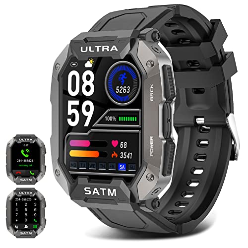 Military Smart Watches for Men 5ATM Waterproof Rugged Bluetooth Call(Answer/Dial Calls) 1.7'' Tactical Outdoor Fitness Watch with Heart Rate Blood Pressure Sleep Monitor for iPhone Android Phone