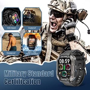 Military Smart Watches for Men 5ATM Waterproof Rugged Bluetooth Call(Answer/Dial Calls) 1.7'' Tactical Outdoor Fitness Watch with Heart Rate Blood Pressure Sleep Monitor for iPhone Android Phone