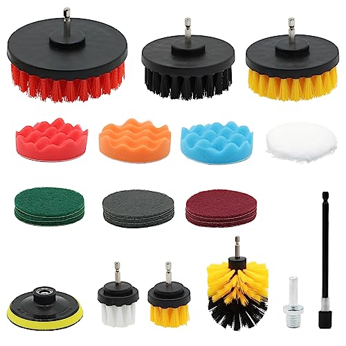 CHEN REFINISH 22 Pcs Drill Brush Attachments Set, Power Drill Brushes for Cleaning Scrub Pads and Sponge with Extend Long Attachment, Car Detailing Kit for Bathroom, Corners, Kitchen, Tile, Grout, Tub