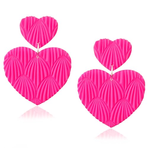 Shrandi Handmade Hot Pink Heart Earrings For Women, Cute Barbie Earrings For Teens Girls, Drop Lover Statement Earrings Unique Gifts For Mom Daughter Girlfriend