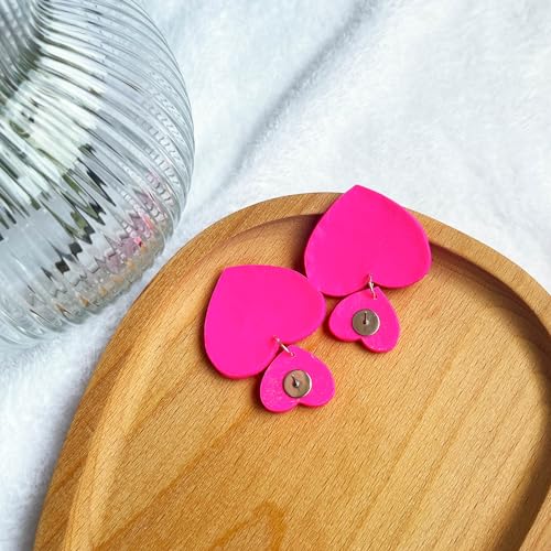 Shrandi Handmade Hot Pink Heart Earrings For Women, Cute Barbie Earrings For Teens Girls, Drop Lover Statement Earrings Unique Gifts For Mom Daughter Girlfriend