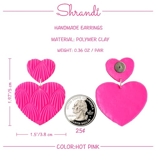 Shrandi Handmade Hot Pink Heart Earrings For Women, Cute Barbie Earrings For Teens Girls, Drop Lover Statement Earrings Unique Gifts For Mom Daughter Girlfriend