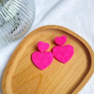 Shrandi Handmade Hot Pink Heart Earrings For Women, Cute Barbie Earrings For Teens Girls, Drop Lover Statement Earrings Unique Gifts For Mom Daughter Girlfriend