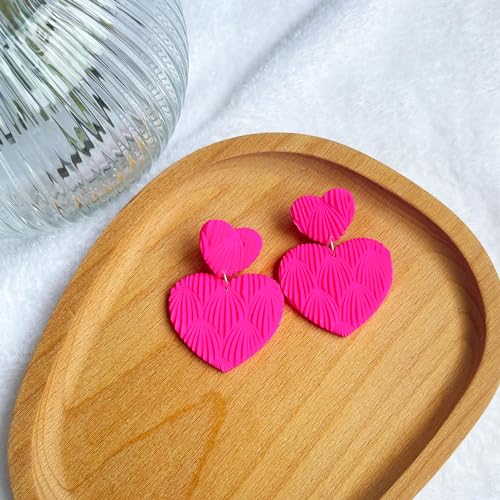 Shrandi Handmade Hot Pink Heart Earrings For Women, Cute Barbie Earrings For Teens Girls, Drop Lover Statement Earrings Unique Gifts For Mom Daughter Girlfriend