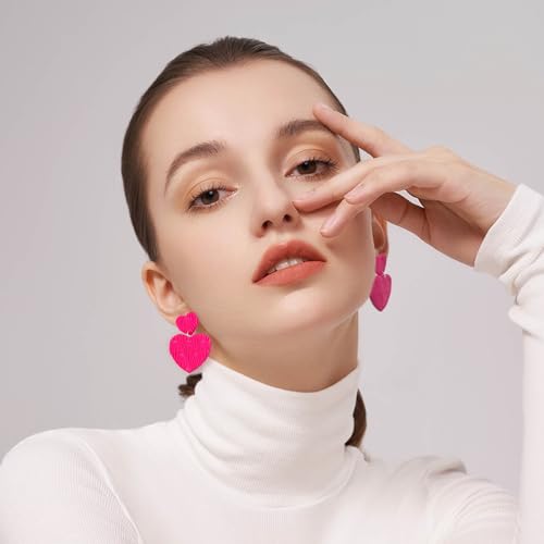 Shrandi Handmade Hot Pink Heart Earrings For Women, Cute Barbie Earrings For Teens Girls, Drop Lover Statement Earrings Unique Gifts For Mom Daughter Girlfriend