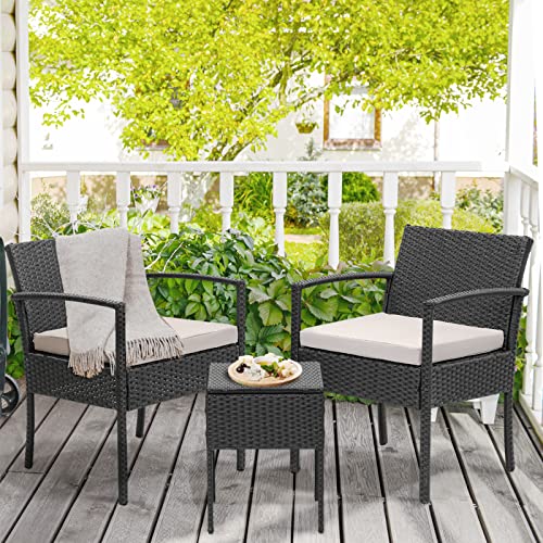 FHFO 3 Pieces Patio Furniture Set, Balcony Furniture, Patio Bistro Set All-Weather Wicker Chairs Conversation Set with Cushions Table for Outdoor Backyard Porch Lawn (Black-Grey)