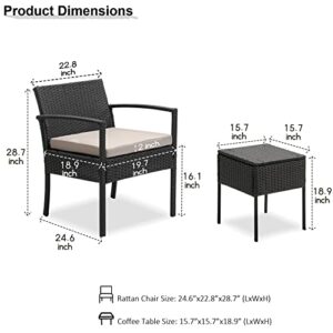 FHFO 3 Pieces Patio Furniture Set, Balcony Furniture, Patio Bistro Set All-Weather Wicker Chairs Conversation Set with Cushions Table for Outdoor Backyard Porch Lawn (Black-Grey)