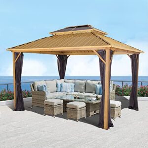 gartoo 10' x 12' patio galvanized steel hardtop gazebo - outdoor aluminum frame porch gazebo with vented double roof & breathable netting for garden, lawn, outdoor party, backyard deck