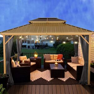 GARTOO 10' x 12' Patio Galvanized Steel Hardtop Gazebo - Outdoor Aluminum Frame Porch Gazebo with Vented Double Roof & Breathable Netting for Garden, Lawn, Outdoor Party, Backyard Deck