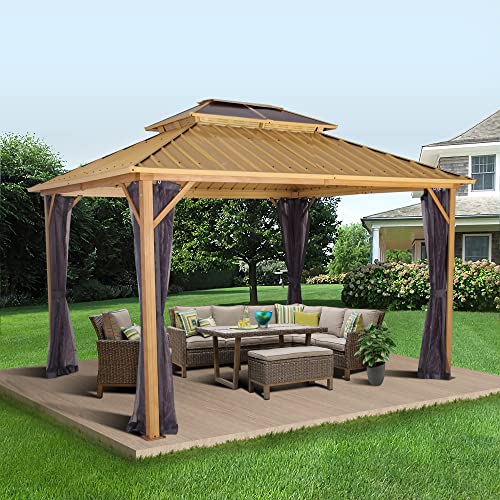 GARTOO 10' x 12' Patio Galvanized Steel Hardtop Gazebo - Outdoor Aluminum Frame Porch Gazebo with Vented Double Roof & Breathable Netting for Garden, Lawn, Outdoor Party, Backyard Deck