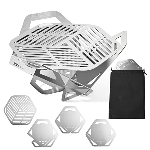 Small BBQ Grill, Portable Instant Foldable Camping Charcoal Grill, 4 Pieces Stainless Steel Camping Fire Kit, with Frying Plate & Carrying Bag, for Cooking Hiking Picnic Patio Garden Beach Outdoor