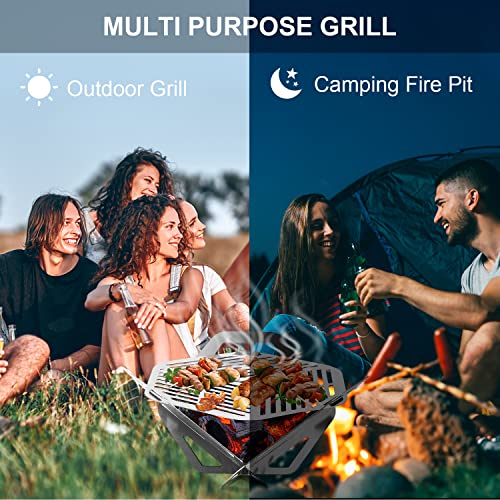 Small BBQ Grill, Portable Instant Foldable Camping Charcoal Grill, 4 Pieces Stainless Steel Camping Fire Kit, with Frying Plate & Carrying Bag, for Cooking Hiking Picnic Patio Garden Beach Outdoor