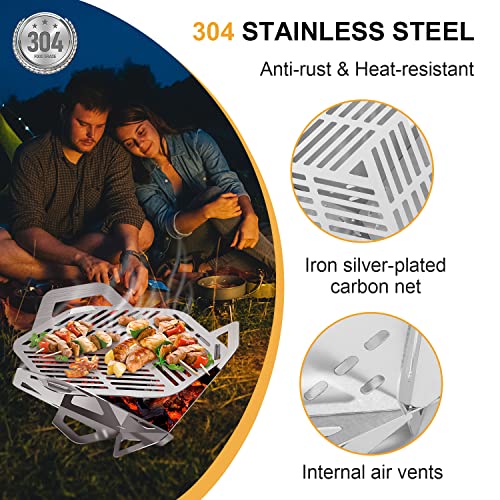 Small BBQ Grill, Portable Instant Foldable Camping Charcoal Grill, 4 Pieces Stainless Steel Camping Fire Kit, with Frying Plate & Carrying Bag, for Cooking Hiking Picnic Patio Garden Beach Outdoor