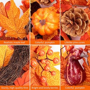 22” Fall Wreath for Front Door, Autumn Wreath with Pine Cones Pumpkin Maple Leaf, Thanksgiving Fall Wreath for Home, Wall, Porch, Windows, Suitable for Outside/Indoor, Holiday, Party, Weddings