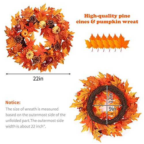 22” Fall Wreath for Front Door, Autumn Wreath with Pine Cones Pumpkin Maple Leaf, Thanksgiving Fall Wreath for Home, Wall, Porch, Windows, Suitable for Outside/Indoor, Holiday, Party, Weddings