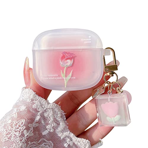 PHOEACC Cute Airpod Gen 3 Case (NOT Fit Airpod Pro) Romantic Rose Flower with Keychain Clear Frosted Protective Cover Compatible with AirPods 3rd Generation Case for Girls Women (Rose Pink)