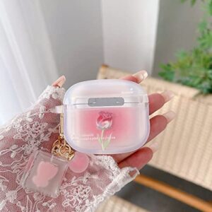 PHOEACC Cute Airpod Gen 3 Case (NOT Fit Airpod Pro) Romantic Rose Flower with Keychain Clear Frosted Protective Cover Compatible with AirPods 3rd Generation Case for Girls Women (Rose Pink)