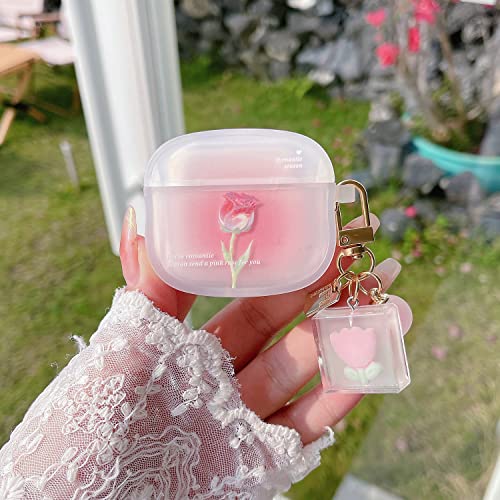 PHOEACC Cute Airpod Gen 3 Case (NOT Fit Airpod Pro) Romantic Rose Flower with Keychain Clear Frosted Protective Cover Compatible with AirPods 3rd Generation Case for Girls Women (Rose Pink)