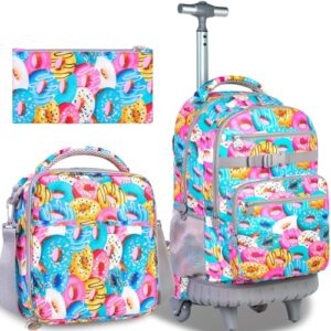 3pcs rolling backpack for women, 19 inches travel roller bookbag with wheels, teen girls college backpacks wheeled - donuts