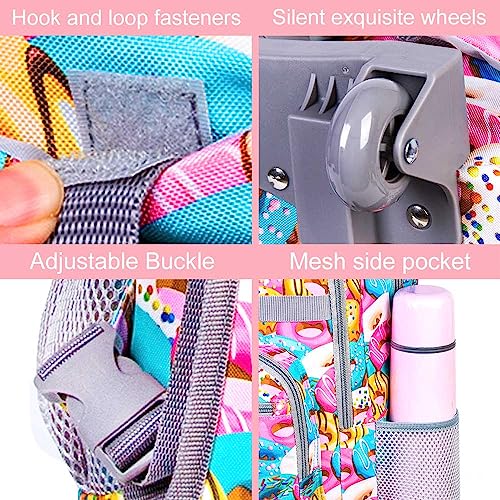 3PCS Rolling Backpack for Women, 19 Inches Travel Roller Bookbag with Wheels, Teen Girls College Backpacks Wheeled - Donuts