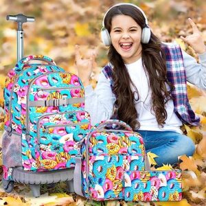 3PCS Rolling Backpack for Women, 19 Inches Travel Roller Bookbag with Wheels, Teen Girls College Backpacks Wheeled - Donuts