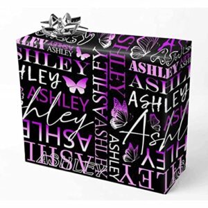 custom name birthday wrapping paper dark purple butterfly pattern dark purple text personalized wrap paper for boy girl men women baby shower birthday greeting gift wrap paper folded flat on birthday