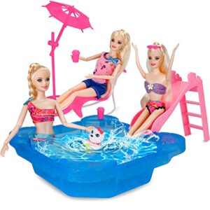 deluxe doll pool play set, doll glam pool with slide&dolls accessories&beach umbrella&chair, suitable for dolls up to 12 inch, kids gifts for 3 to 7 year olds girls, bath toys for toddlers