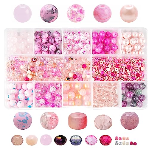 Pretty in Pink DIY Bead Kit - Glass Bracelet Making Set | 1000pcs Assorted Beads, 10 Different 8mm Glass Beads, 200pcs 6mm Bicone Crystals