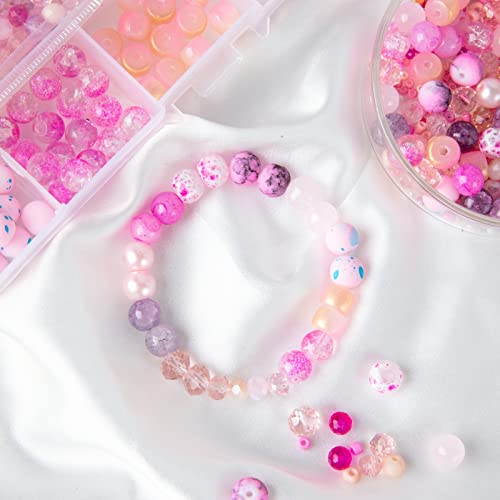 Pretty in Pink DIY Bead Kit - Glass Bracelet Making Set | 1000pcs Assorted Beads, 10 Different 8mm Glass Beads, 200pcs 6mm Bicone Crystals