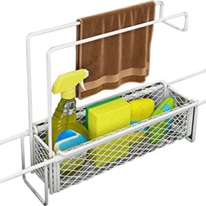 LIFOND Kitchen Sink Caddy Telescopic Sink Storage Rack Expandable Carbon Steel Sink Caddy Organizer with Towel Bar Under Sink Organiser Adjustable Sponge Holder Brush Soap Drainer Rack,White