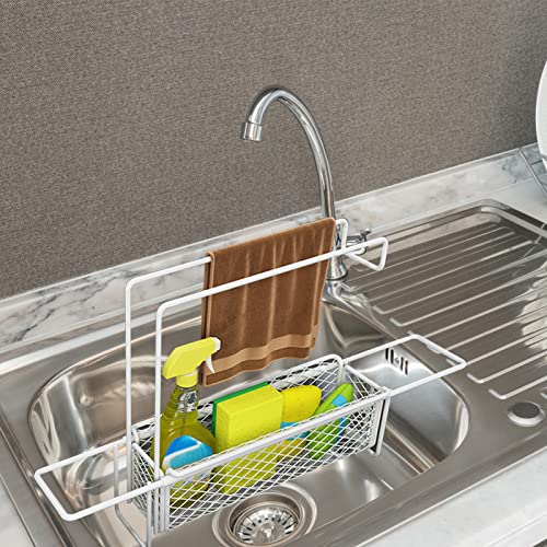 LIFOND Kitchen Sink Caddy Telescopic Sink Storage Rack Expandable Carbon Steel Sink Caddy Organizer with Towel Bar Under Sink Organiser Adjustable Sponge Holder Brush Soap Drainer Rack,White