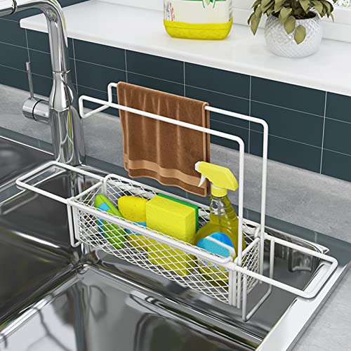 LIFOND Kitchen Sink Caddy Telescopic Sink Storage Rack Expandable Carbon Steel Sink Caddy Organizer with Towel Bar Under Sink Organiser Adjustable Sponge Holder Brush Soap Drainer Rack,White