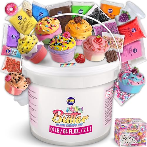 4 LB Milky Butter Slime Bucket Gift for Girls, FunKidz 64 FL OZ Huge White Premade Scented Slime Kit Toy with 29 Variety Add-Ins Perfect Birthday Present for Kids Age 6+