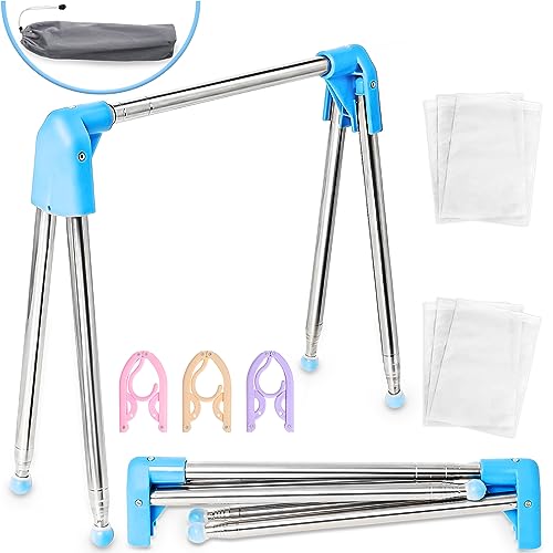 Portable Foldable Garment Rack, Adjustable Collapsible Travel Mini Clothes Rack with 6 Bags/3 Foldable Hangers/1 Storage Bag, Folding Drying Clothing Rack for Dance,Camping,Outdoor, Indoor