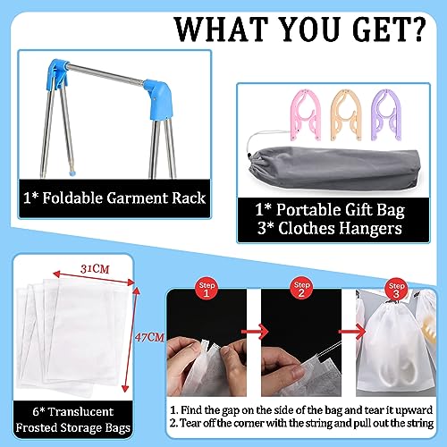 Portable Foldable Garment Rack, Adjustable Collapsible Travel Mini Clothes Rack with 6 Bags/3 Foldable Hangers/1 Storage Bag, Folding Drying Clothing Rack for Dance,Camping,Outdoor, Indoor